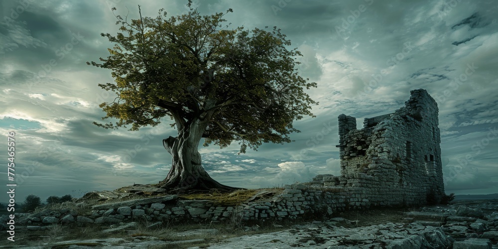 A solitary looking tree with roots entwined around the crumbling ruins ...