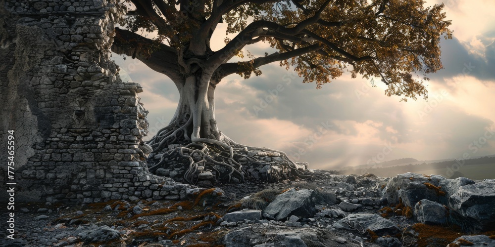 A solitary looking tree with roots entwined around the crumbling ruins ...