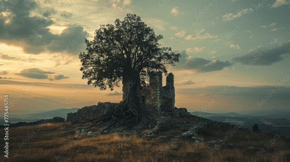 A solitary looking tree with roots entwined around the crumbling ruins ...