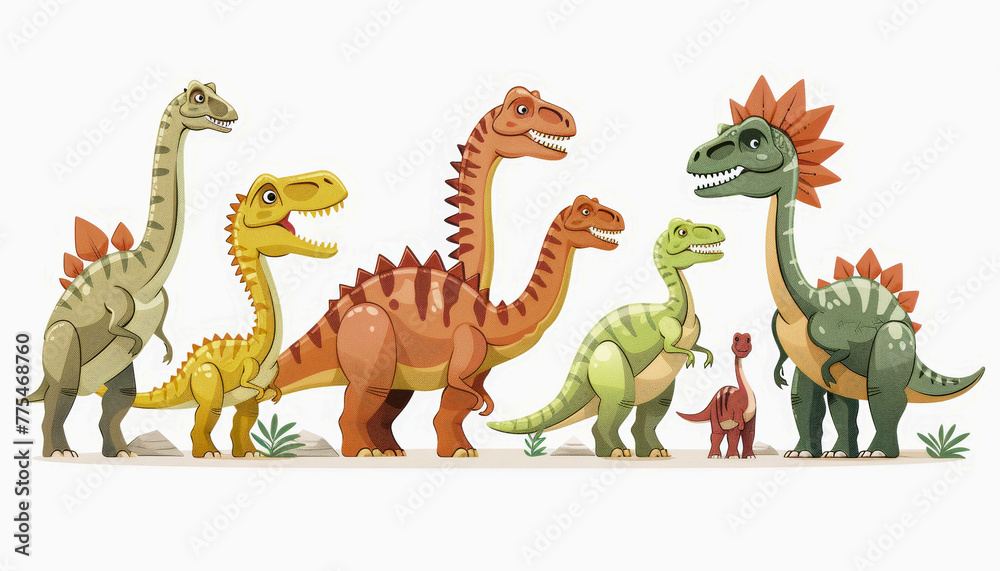 Illustration of various cartoon dinosaurs standing in a row, including ...