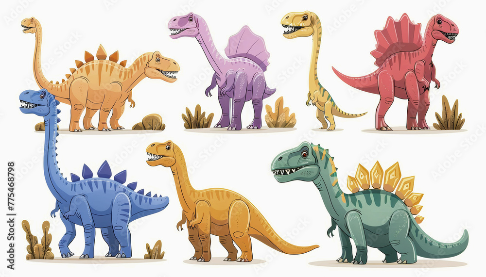 Colorful cartoon illustrations of various dinosaurs, including ...