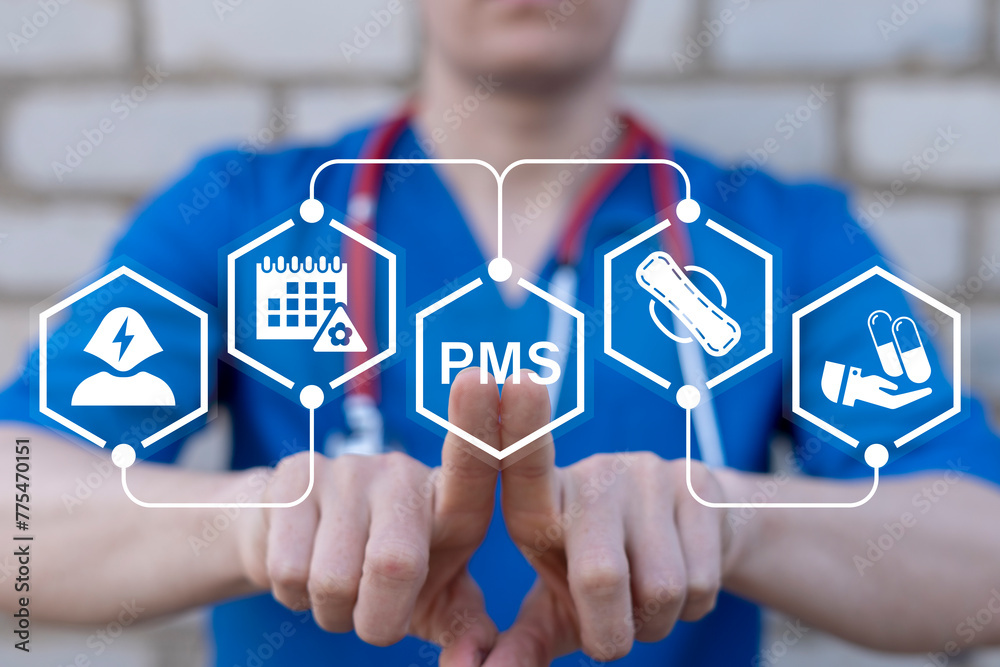 Doctor using virtual touch screen presses acronym: PMS. Premenstrual ...