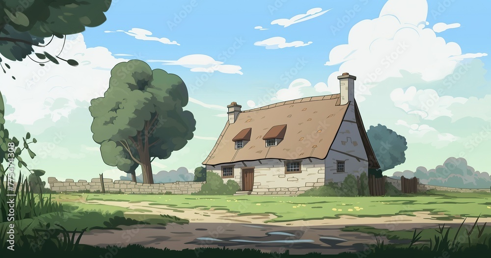 cartoon background of a decrepit english manor house with a thatch roof ...
