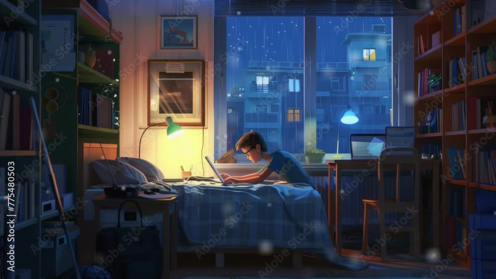 Animated studying lofi background. Late night homework. 2D cartoon ...
