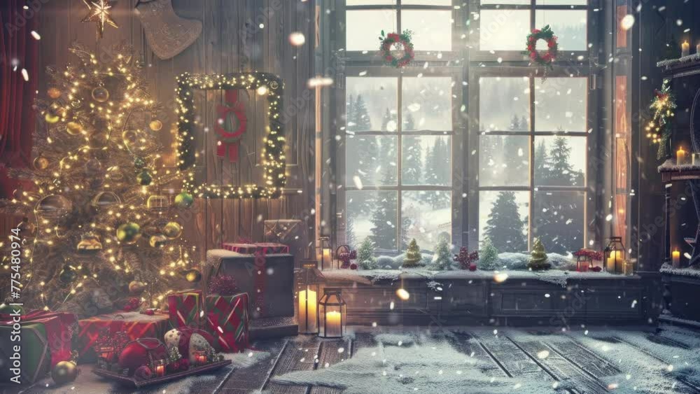Room full of Christmas decorations and holiday lights next to a window ...