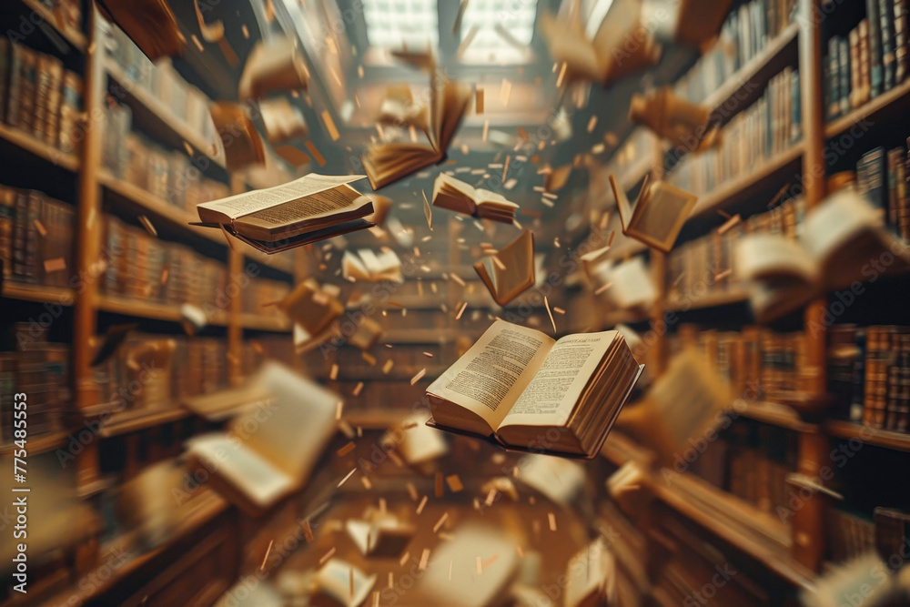 A library with books flying through the air. Concept of chaos and ...