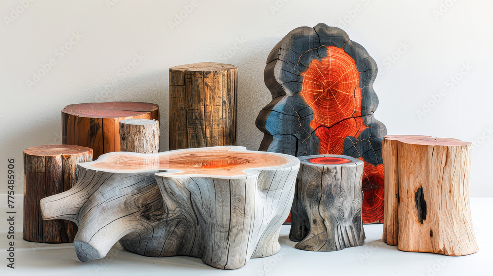 A collection of wooden logs and tree trunks arranged in a row. The logs ...