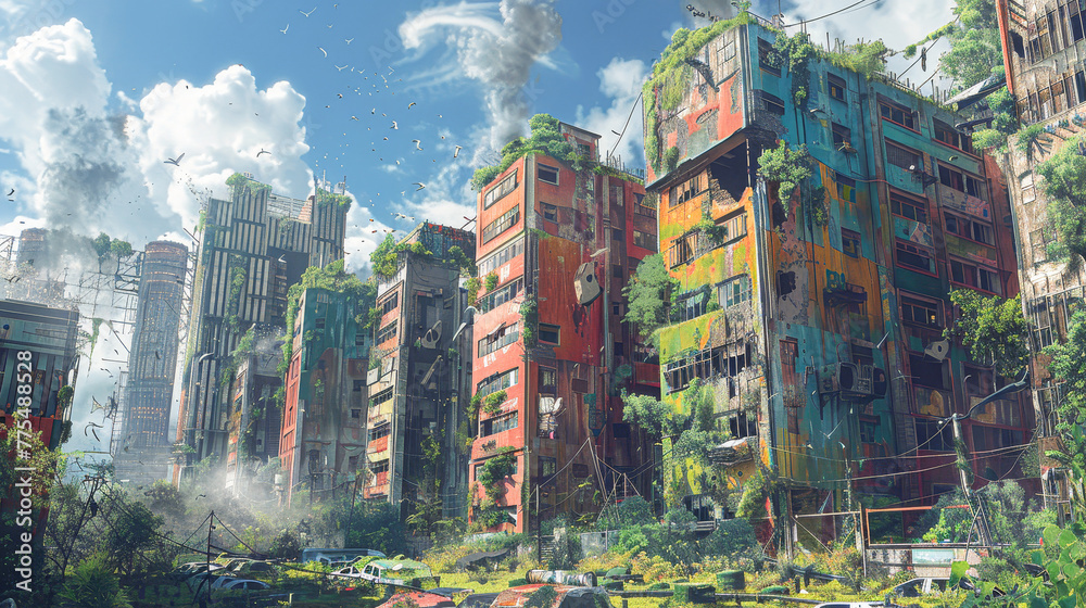 A cityscape with buildings that are covered in vegetation and graffiti ...