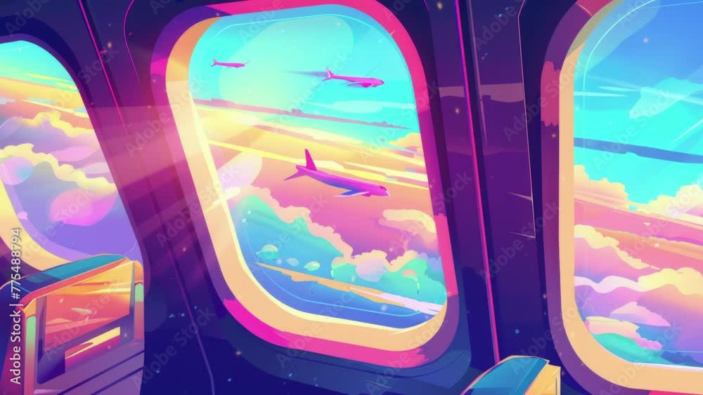 Rays fish flying in aeroplane windows lo fi animated cartoon background ...