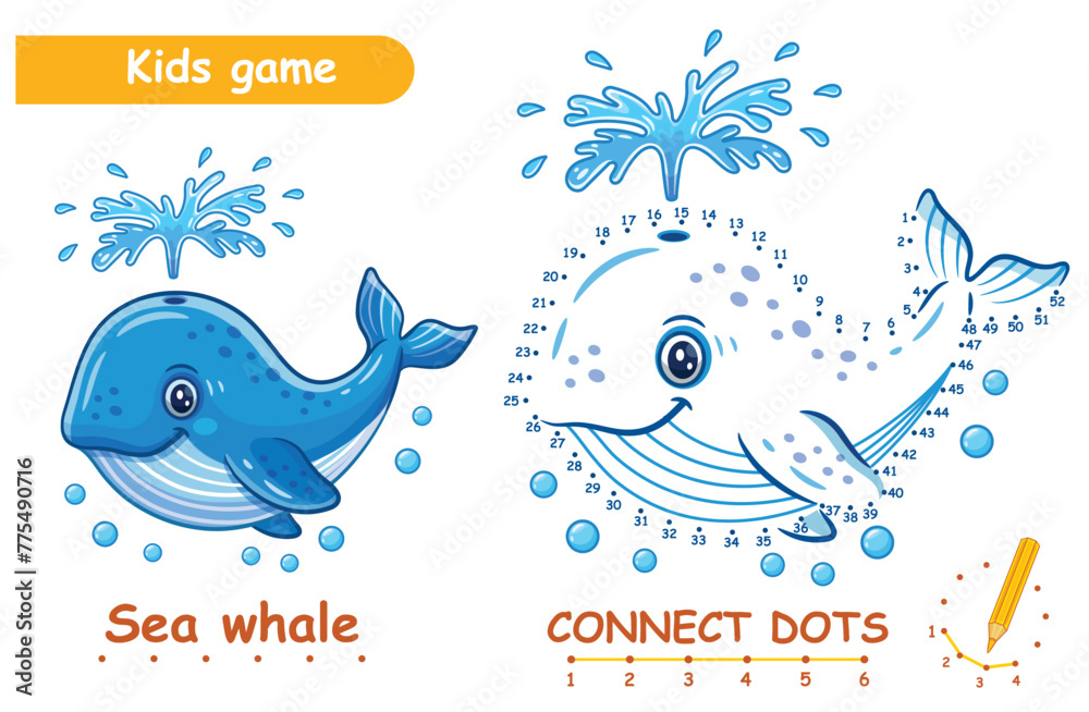 Cute sea whale, connect dots numbers children education puzzle game ...