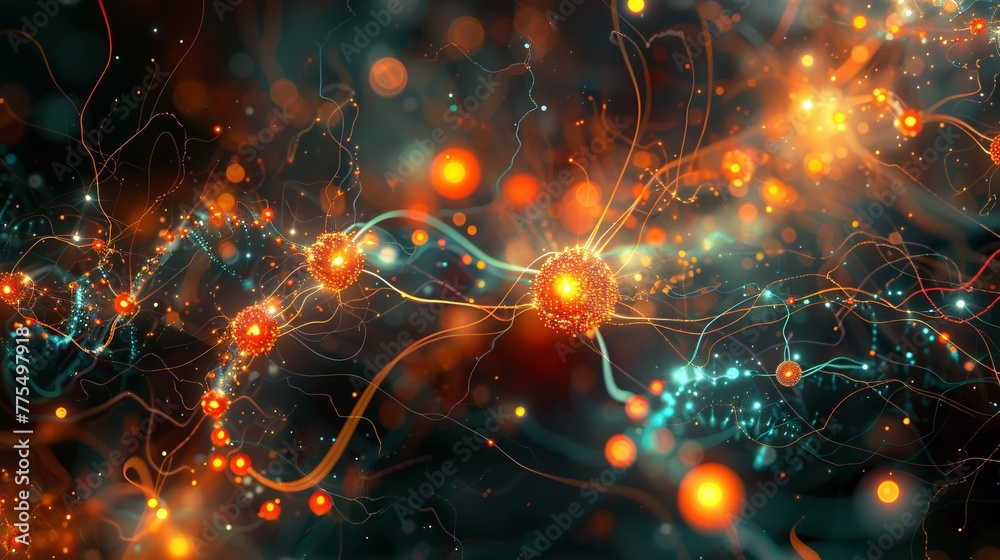 Produce a dynamic digital artwork depicting interconnected neural ...
