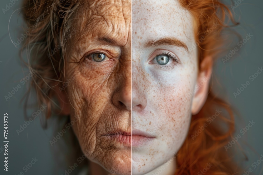 Facial aging comparison of a young and elderly woman in a half-face ...