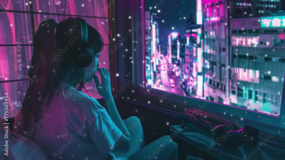 Beautiful young girl relaxing to lo-fi music on headphone. neon-lit ...