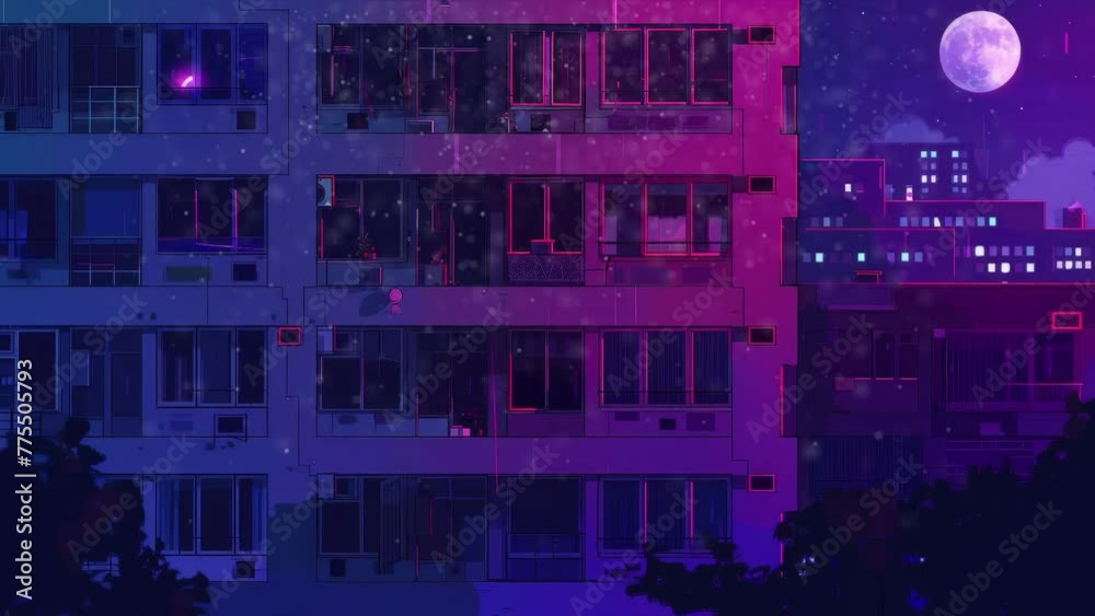 Apartment night lo fi animation. Blinking light in windows building ...