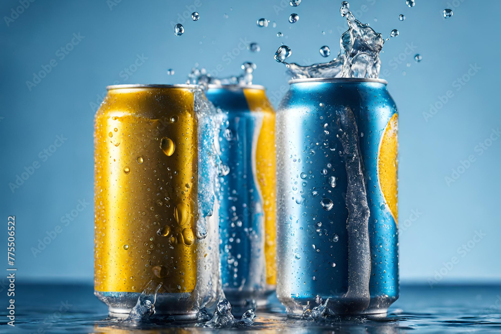 Soda with a spray of effervescent bubbles bursting forth The background ...