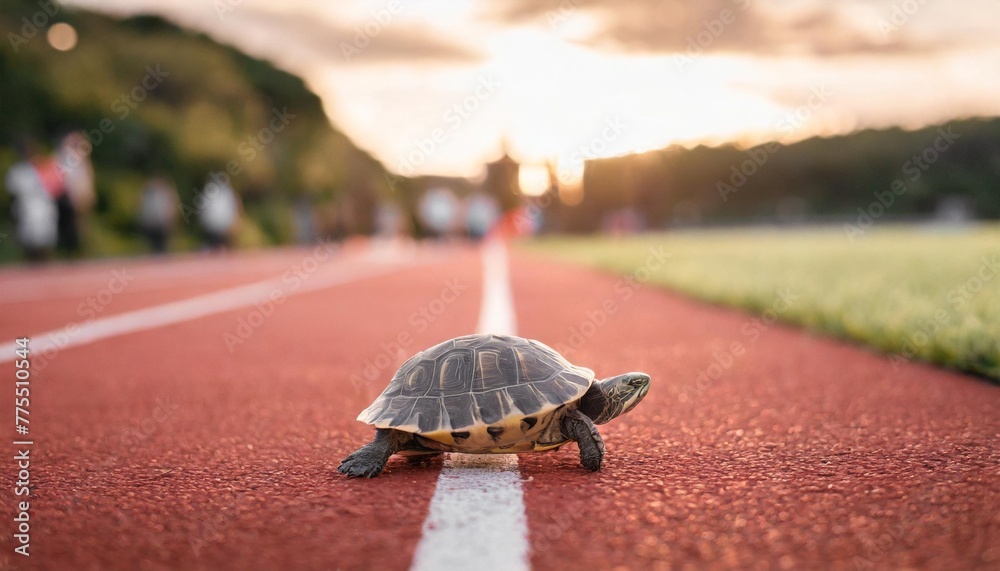 turtle walking down a red track in a concept of racing or getting to a ...