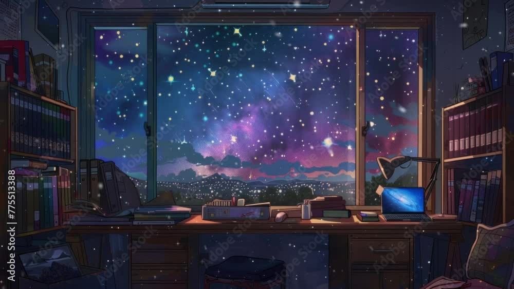 Lofi empty interior. Messy desk, window view of a night sky, anime ...