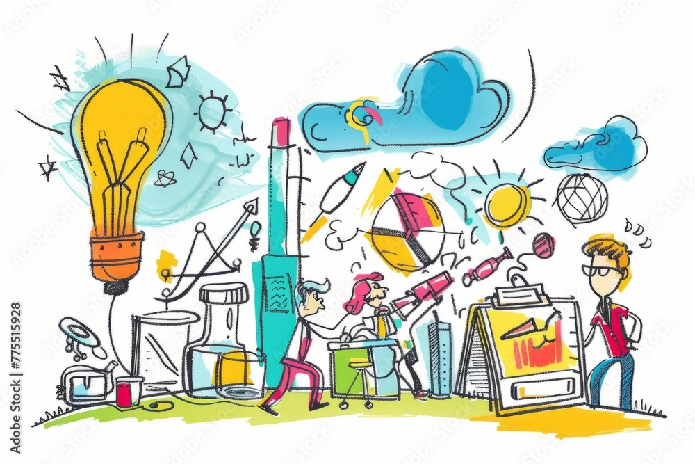 Cartoon cute doodles of a business innovation lab, with characters ...