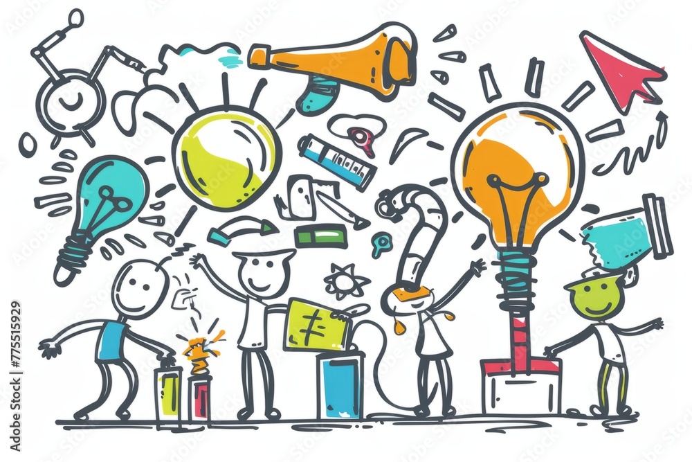 Cartoon cute doodles of a business innovation lab, with characters ...