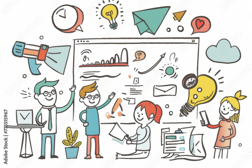 Cartoon cute doodles of a business makeover, with characters rebranding ...