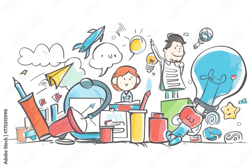 Cartoon cute doodles of a business makeover, with characters rebranding ...