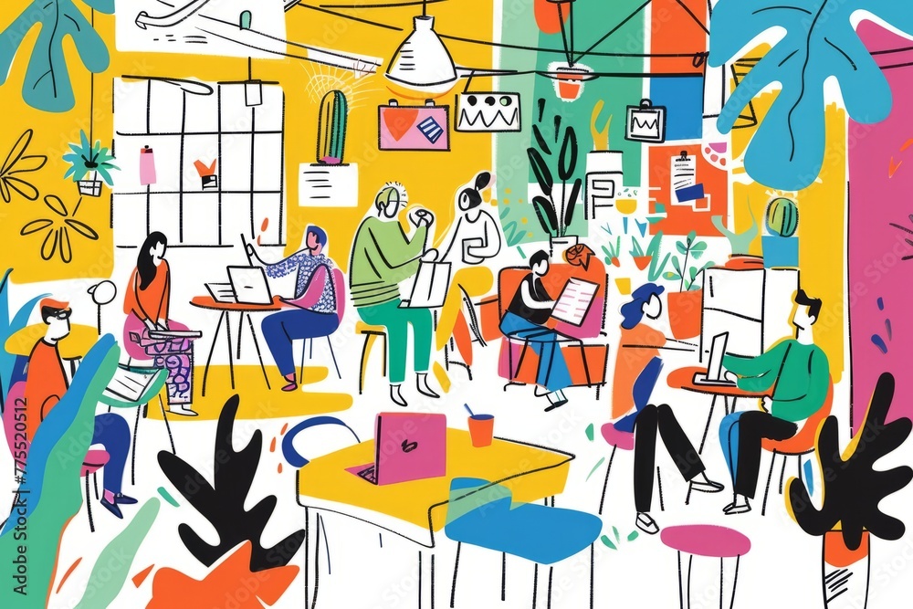 Cartoon cute doodles of a co-working space, with characters ...