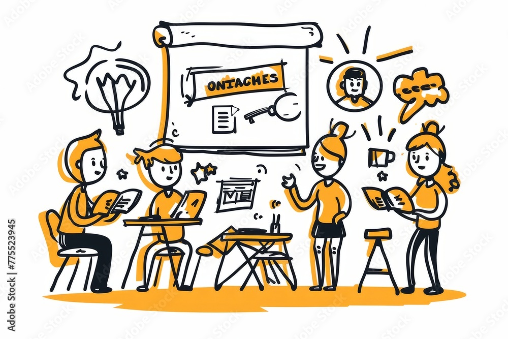 Cartoon cute doodles of a corporate training session, with characters ...