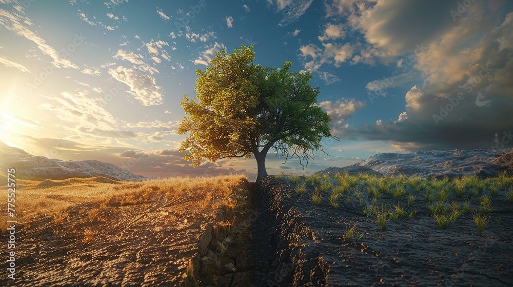 Make a realistic and breathtaking image where left half represents a ...