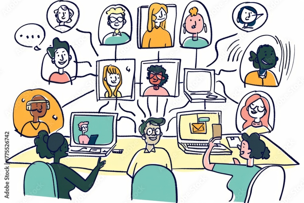 Cartoon cute doodles of a virtual business meeting, with characters ...
