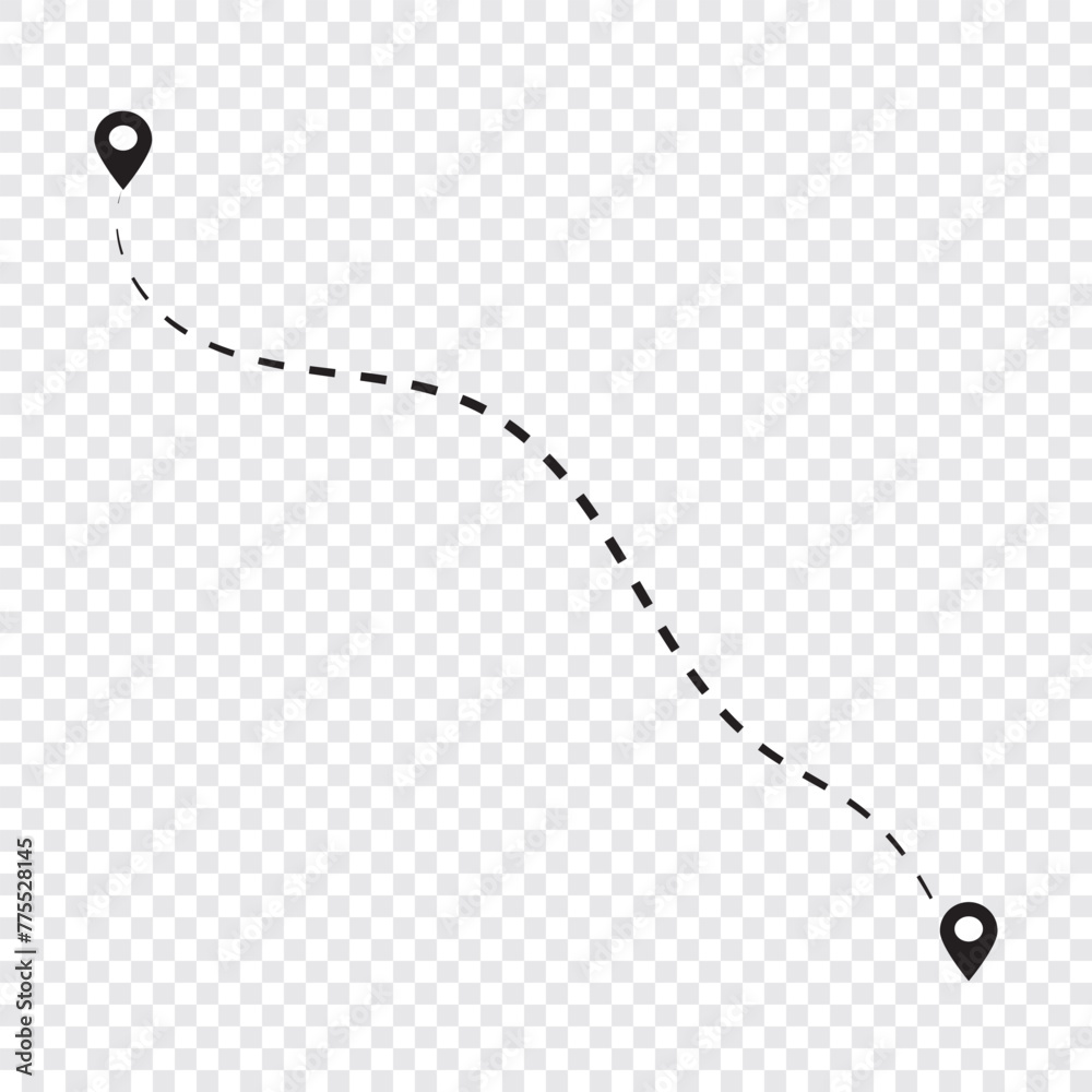 Route location icon, two pin sign and dotted line road, start and end ...