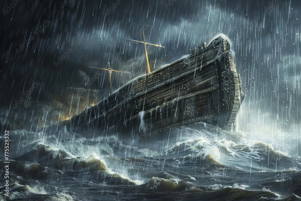 Dramatic scene of Noah's Ark amidst heavy rainfall and rising ...