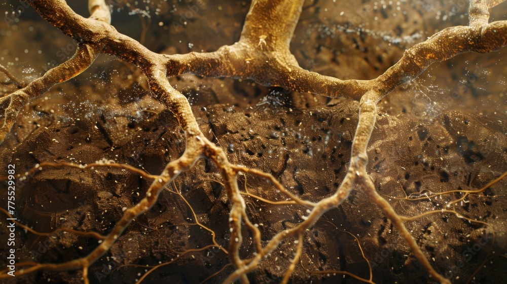 A magnified view of a plant root system revealing a strong and sy ...