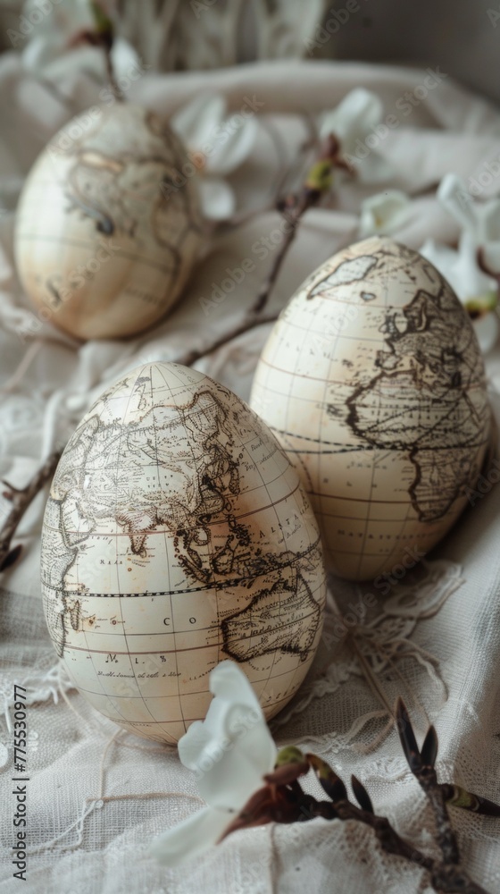 Antique map Easter eggs detailed with vintage world maps and nautical ...