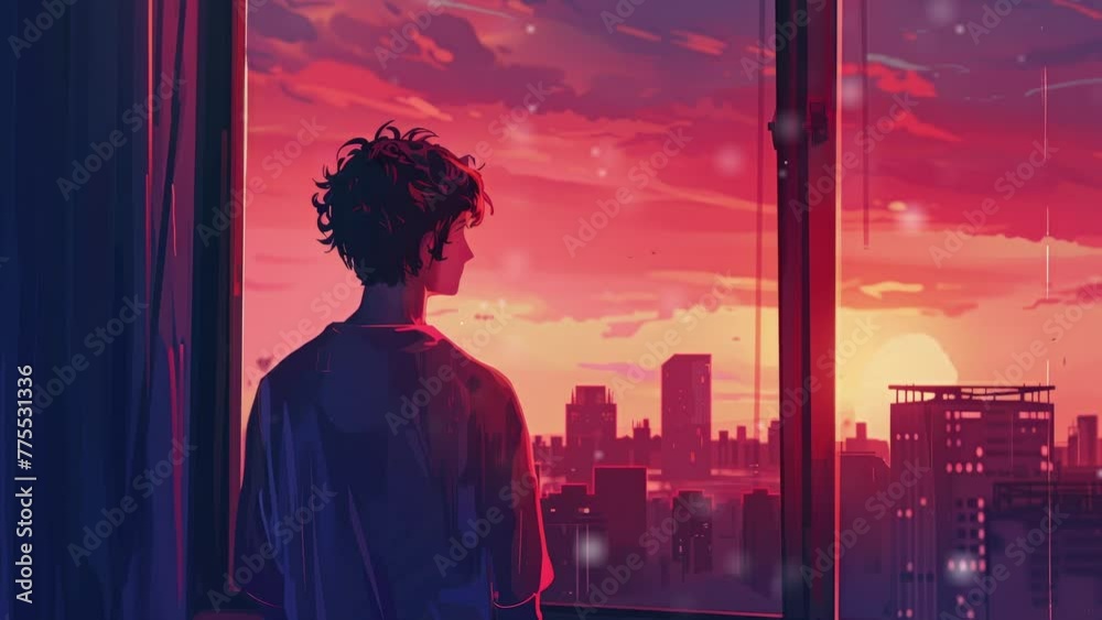 Anime man looking at the city from the window. Manga cartoon drawing of ...