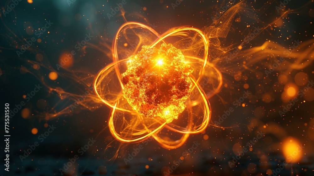 Concept of a close-up image of an atom model for nuclear energy. Sci-fi ...