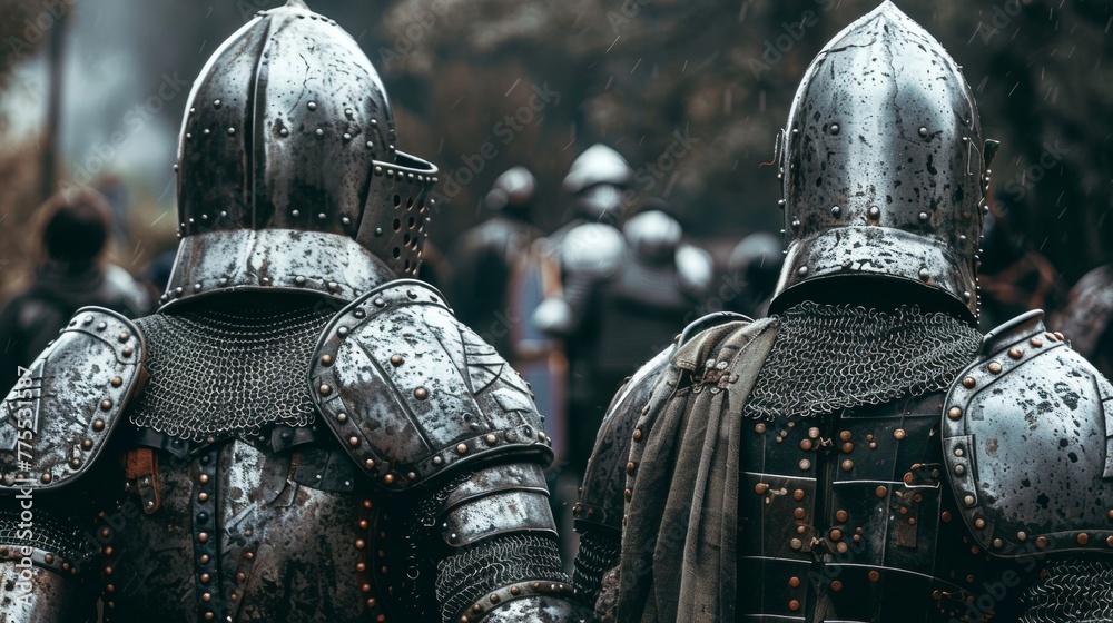 Two knights walk side by side heads turned away from the camera as they ...