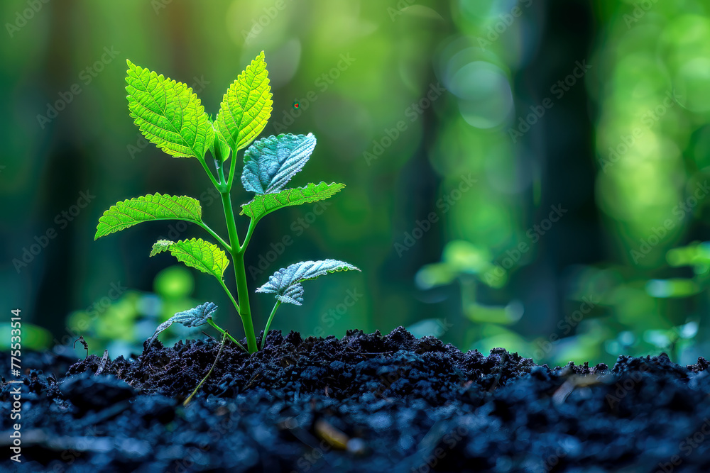 Green sampling with leaves growing out of soil, new beginning, nature ...