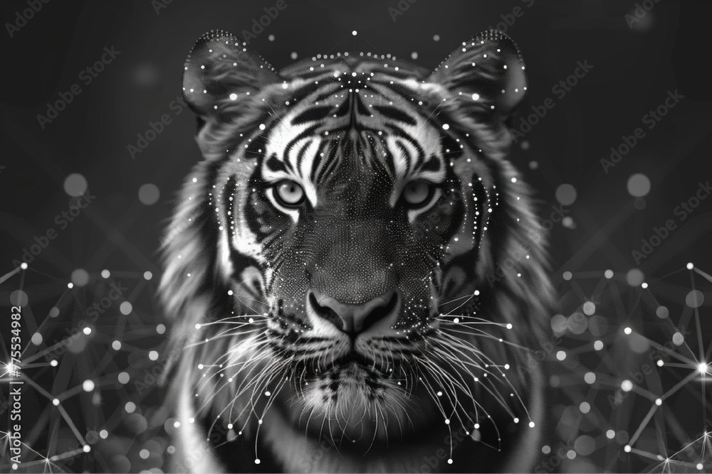Minimalistic grayscale abstract close-up image of tiger profile face ...