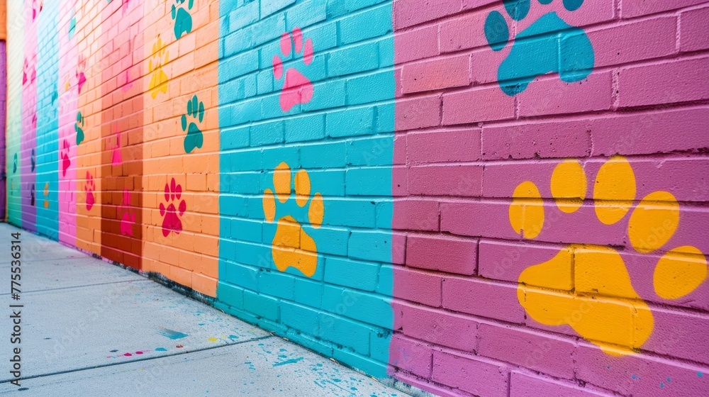 Vibrant dog paw print painted on a colorful urban wall. Background ...
