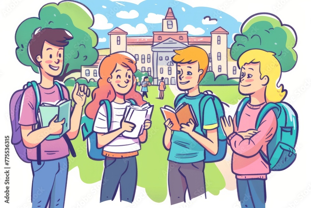 Cartoon cute doodles of a campus tour for prospective students, with ...