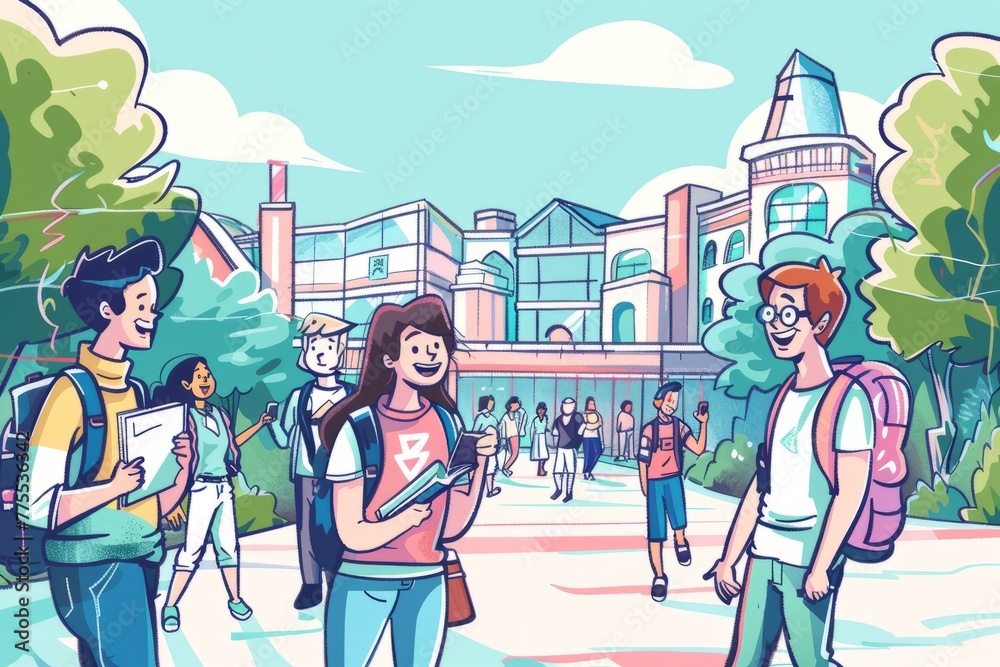 Cartoon cute doodles of a campus tour for prospective students, with ...