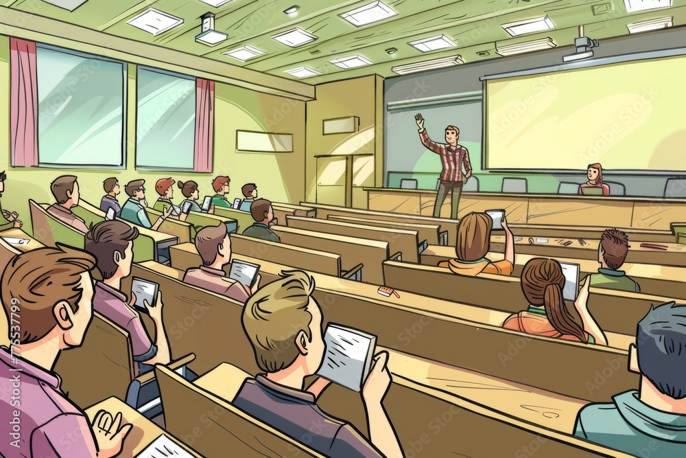 Cartoon cute doodles of a college lecture hall, with students taking ...