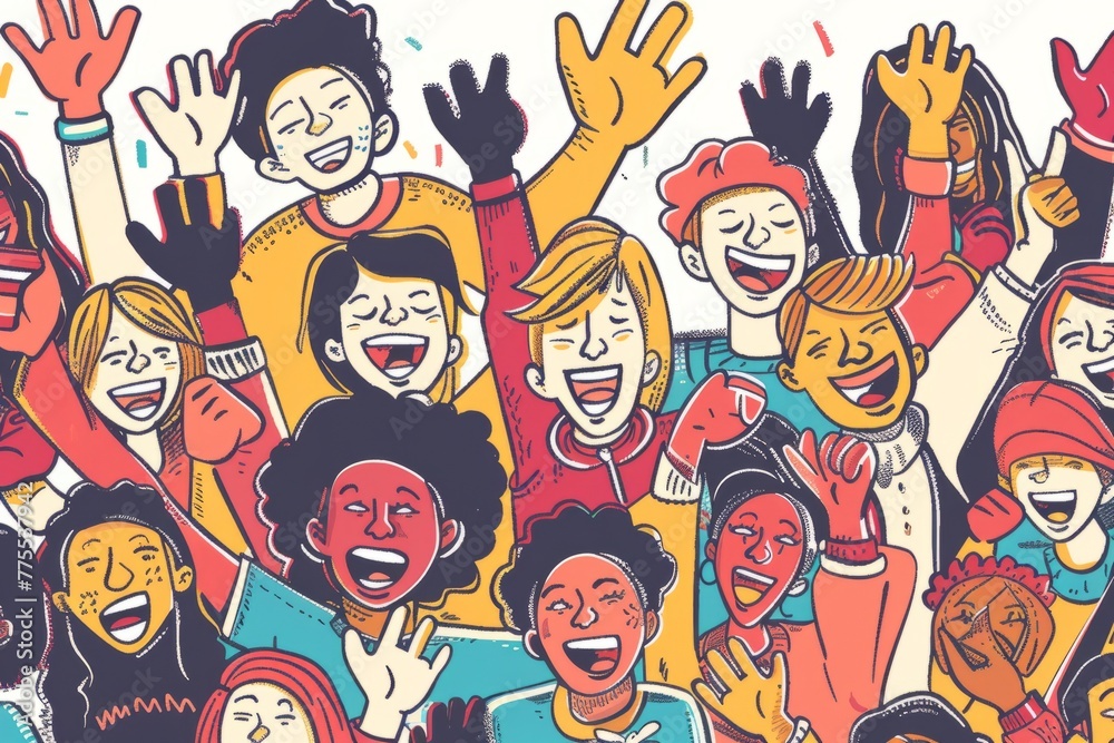 Cartoon cute doodles of a college sports game, with students cheering ...