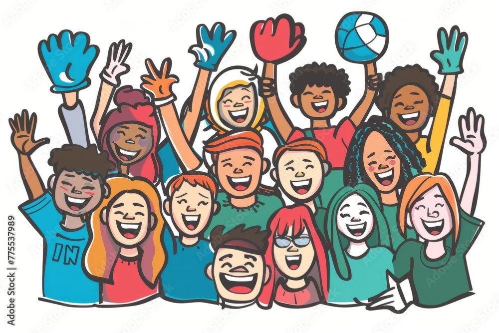 Cartoon cute doodles of a college sports game, with students cheering ...