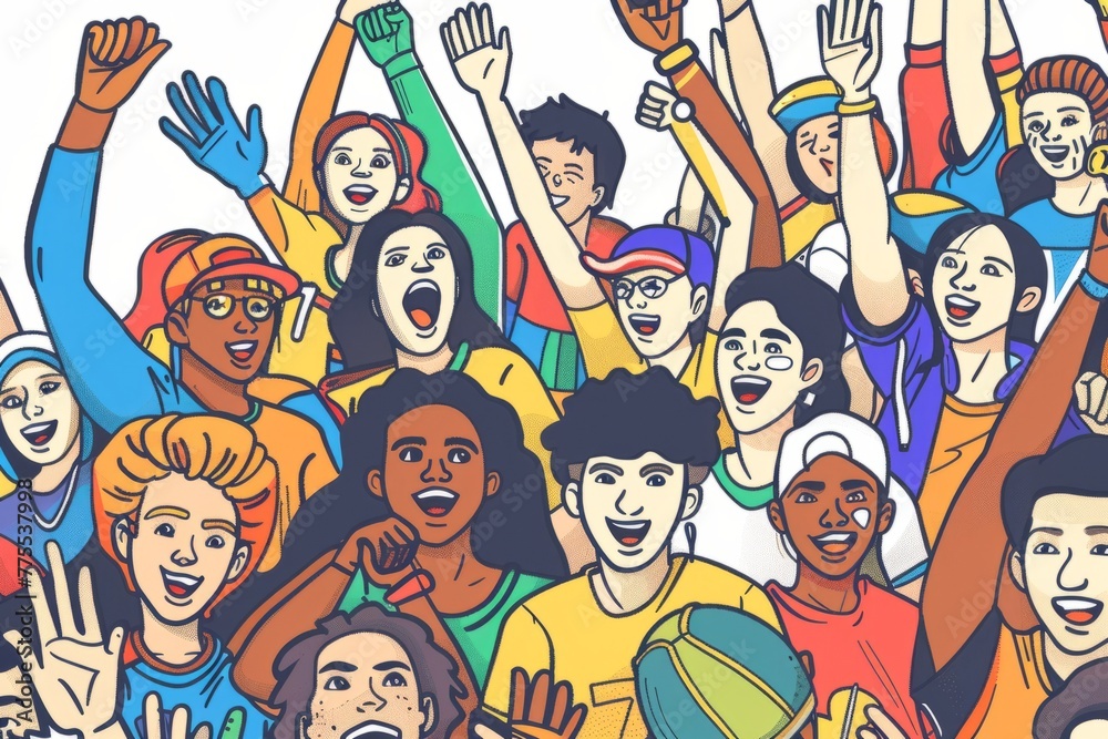 Cartoon cute doodles of a college sports game, with students cheering ...