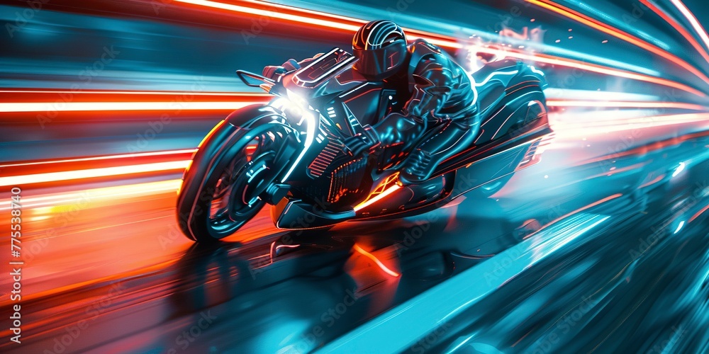 Futuristic hoverbike in motion, neon lights underbelly, dynamic blur, close-up, thrilling urban ...