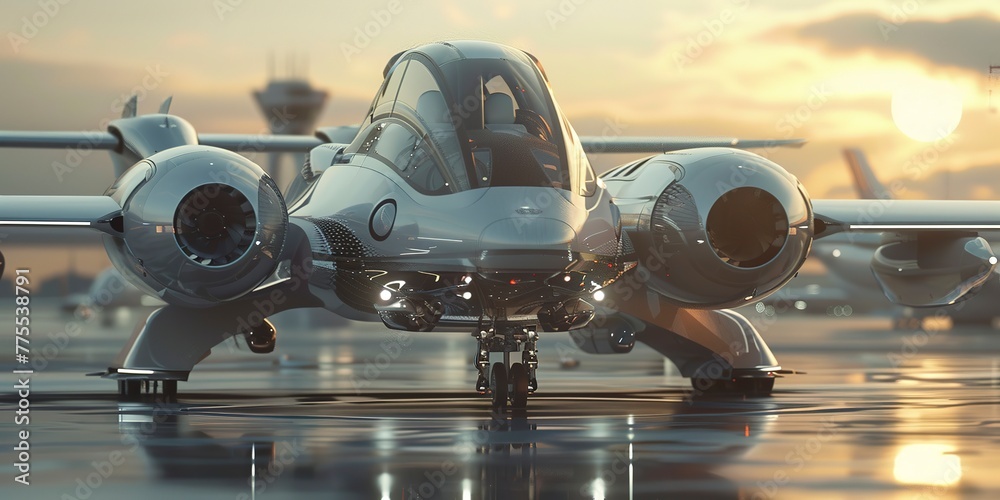 Vertical take-off and landing (VTOL) aircraft parked, close-up on the ...