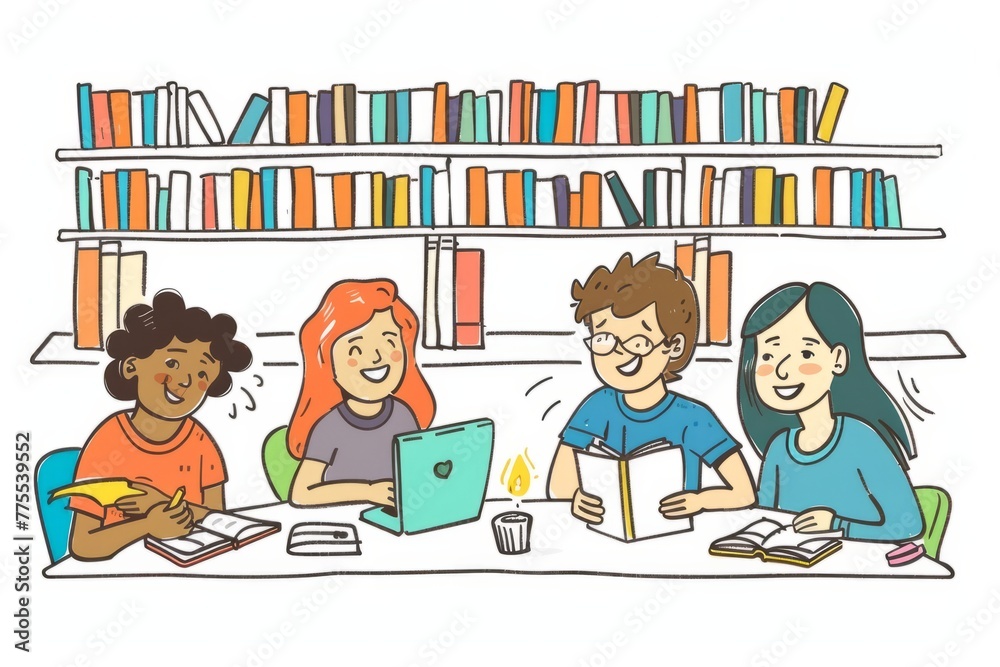 Cartoon cute doodles of a group study session in the library, with ...