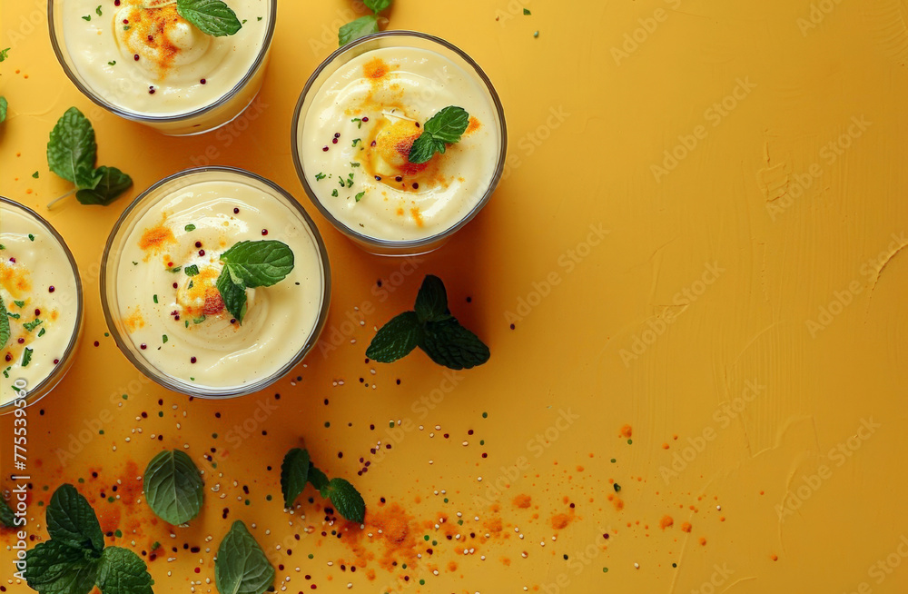 Indian cold summer drink Mango Lassi, yogurt smoothie with turmeric ...