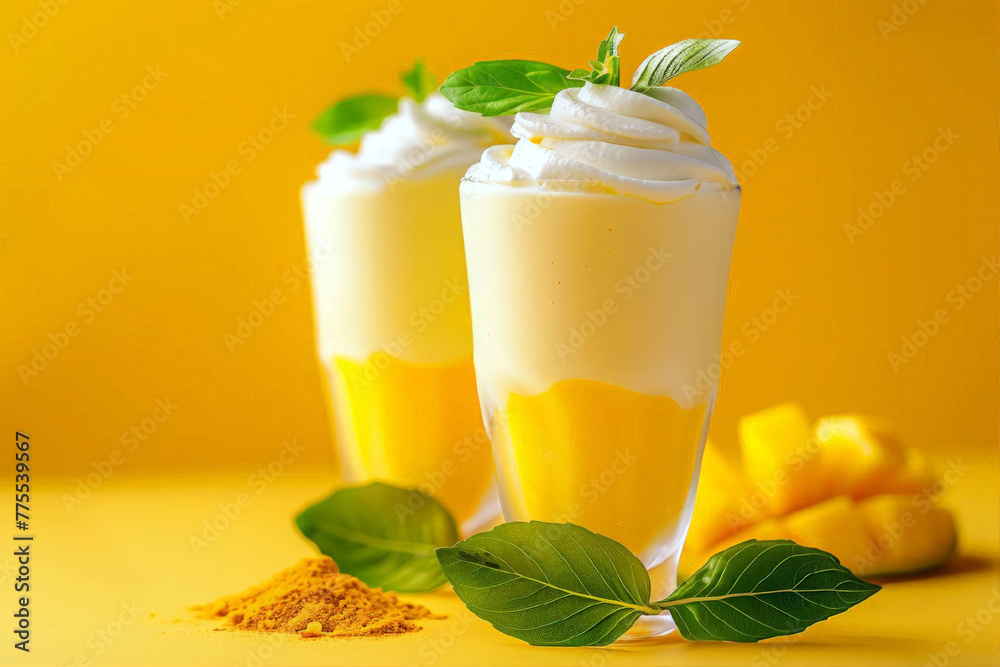 Indian cold summer drink Mango Lassi, yogurt smoothie with turmeric ...